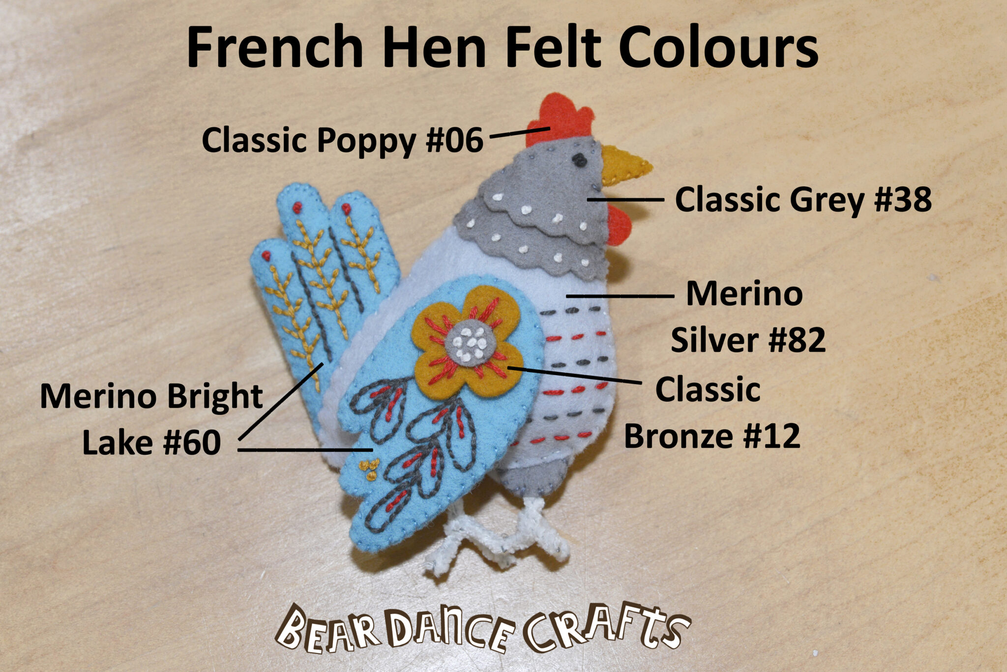 French Hen Ornament Felt Colours - Bear Dance Crafts